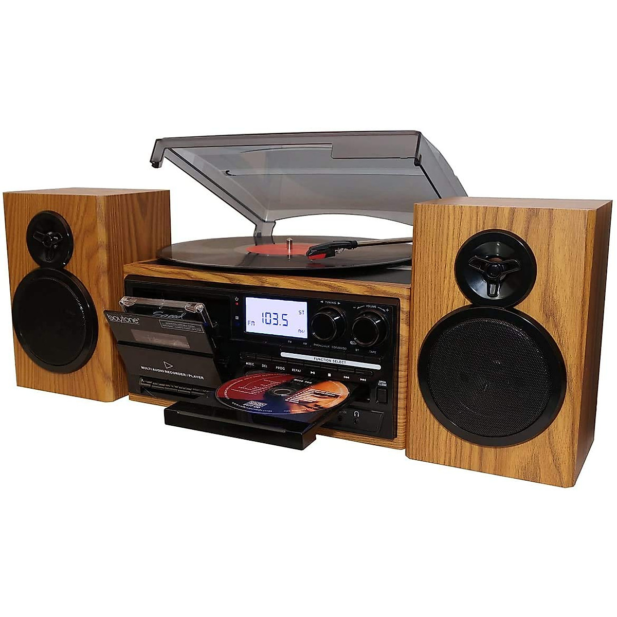 Boytone BT-28SPW Bluetooth Classic Record Player Turntable All-in-One with AM/FM Radio, CD/Cassette Player, 2 Separate Stereo Speakers, Record from Vinyl, Radio, and Cassette to MP3, SD slot, USB, AUX