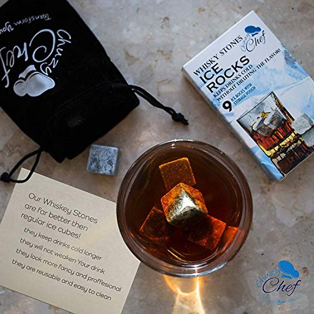 Whiskey Stones Chilling Ice Cubes - Set of 9 Whiskey Rocks Chilling Stones Reusable Whiskey Stone for Your Drinks with Velvet Gift Pouch Great Gift Idea