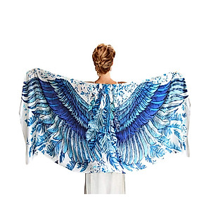 Pure Silk Wearable Artistic Hand Painted Bird Wing Feather Scarf (Blue Wings)