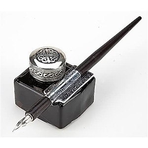 Glass Inkwell with 2 Pen Rests -filled with Ink