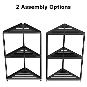 Kawaiita Corner Shower Caddy Stand, 3 Tier Floor Shower Organizer Stands for Inside Shower, Bathtub, Bathroom Corner Shower Shelf Rack with Adjustable Feet & 4 Hooks, Metal, Matte Black
