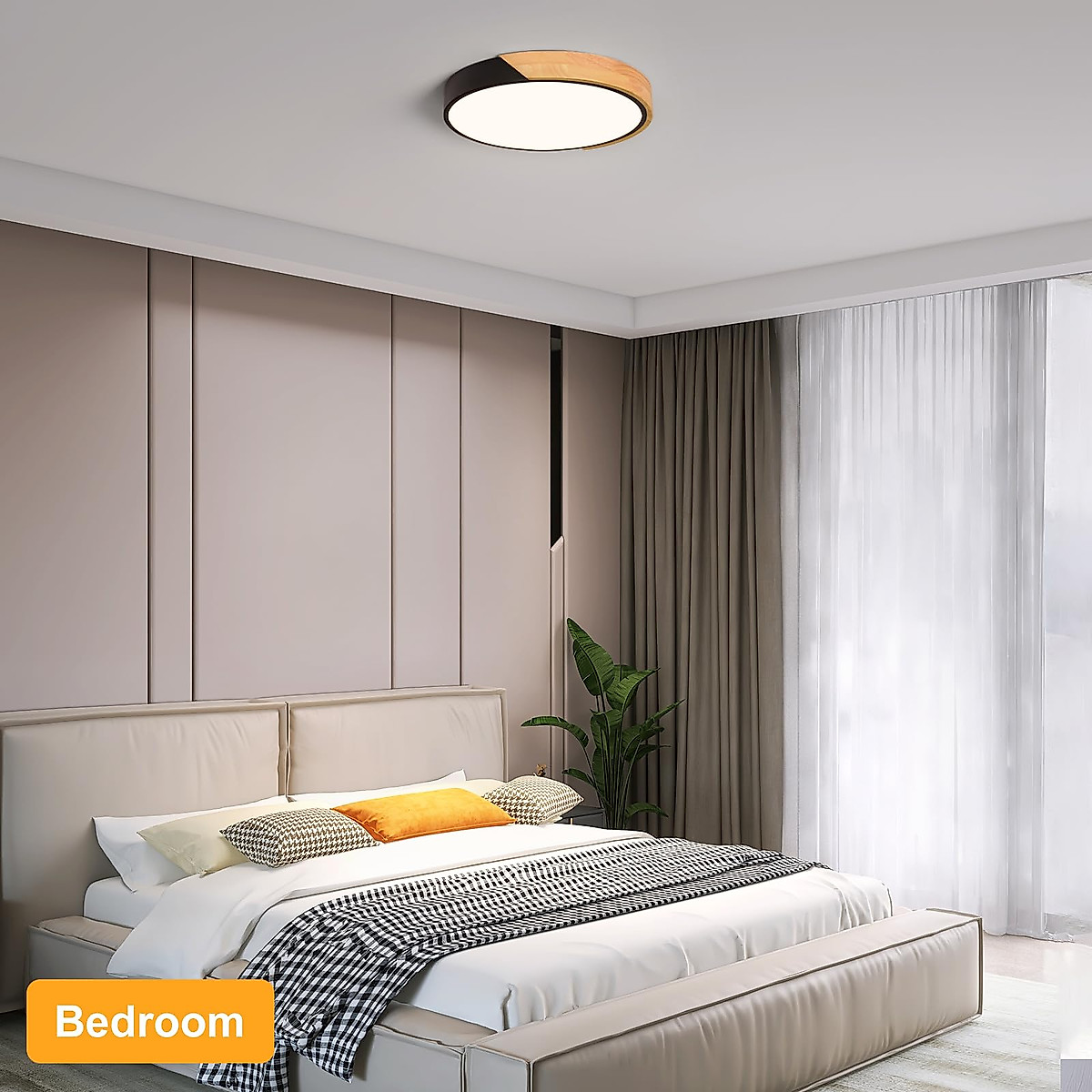 Vikaey Modern LED Ceiling Light, Minimalist Wood Flush Mount Ceiling Light Fixture, 4000K Not Dimmable, Circle Lighting Lamp with Acrylic Lampshade for Bedroom Laundry Room Hallway (Black,11.8")