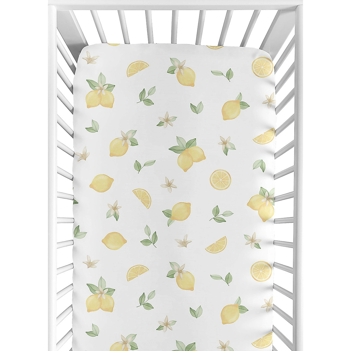 Sweet Jojo Designs Lemon Floral Girl Fitted Crib Sheet Baby or Toddler Bed Nursery - Yellow Green Beige White Watercolor Boho Bohemian Farmhouse Fruit Flower Blossom Botanical Leaf