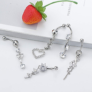 FUNRUN JEWELRY 8PCS 14 G Stainless Steel Dangle Belly Button Ring Navel Piercing Clear CZ Inlay Body Piercing Jewelry Barbell Silver Tone