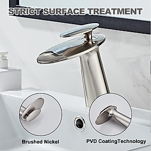 Wovier Brushed Nickel Waterfall Bathroom Sink Faucet,Single Handle Single Hole Brass Lavatory Vanity Faucet,Slanted Body Basin Mixer Tap with Supply Hose