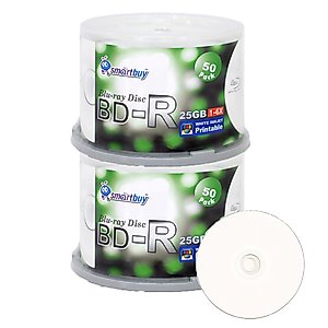 Smartbuy 100 Pack Bd-r 25gb 6X Blu-ray Single Layer Recordable Disc Printable White Inkjet Blank Data Video Media 100 Disc Spindle