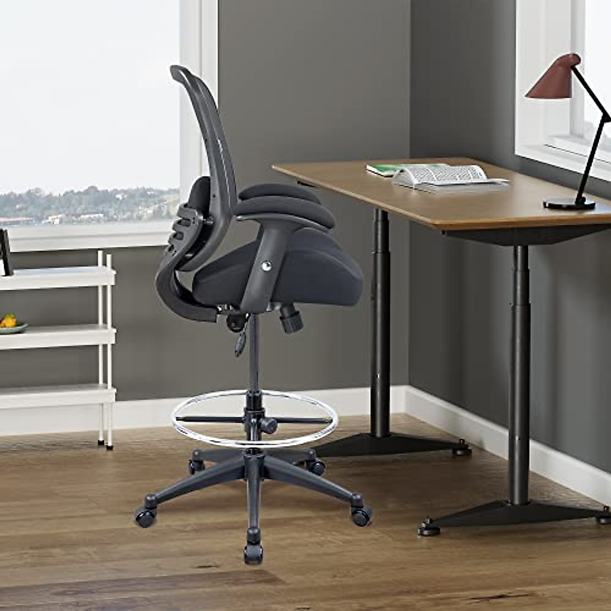 LONGBOSS Drafting Chair Mesh Computer Tall Office Chair, Standing Desk Stool with Lumbar Support Pillow, Height Adjustable Armrest and Adjustable Foot Ring (Black)