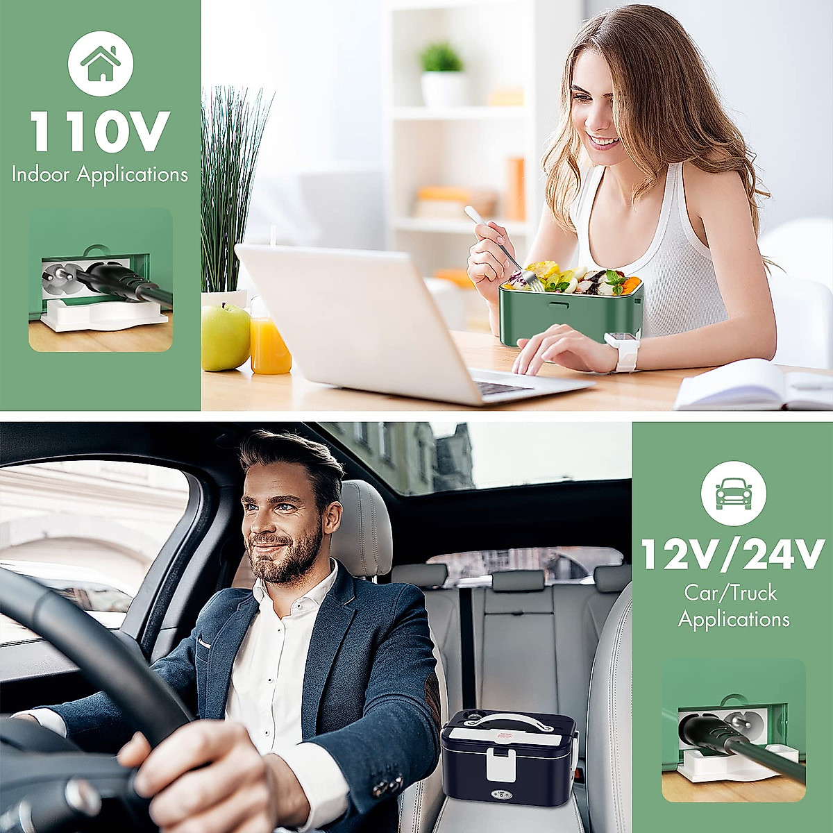 AHNR Electric Lunch Box 80W Food Heater, 3 IN 1 Portable Heated Food Warmer Lunch Box Leakproof for Car Truck Home Work with 1.8L Removable 304 Stainless Steel Container, 12V 24V 110V(Green)