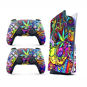 HK Studio Hippie Art Decal Sticker Skin Specific Cover for Both PS5 Disc Edition and Digital Edition - Waterproof, No Bubble, Including 2 Controller Skins and Console Skin