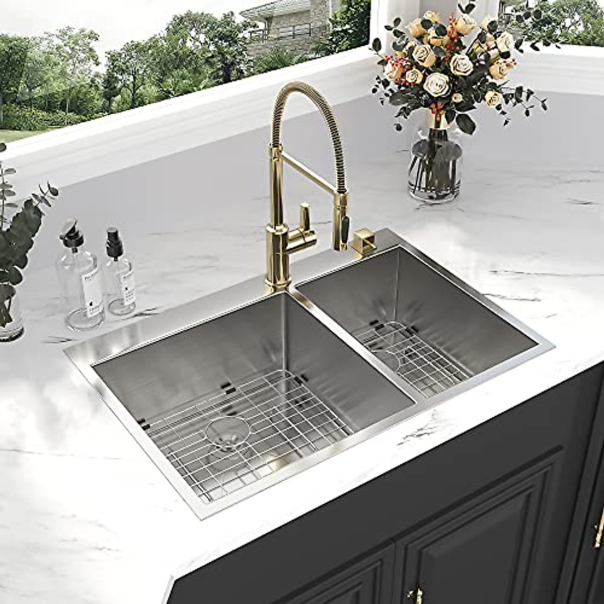 33 Kitchen Sink Drop In - Kichae 33 Inch Kitchen Sink Double Bowl 60/40 Stainless Steel 18 Gauge Drop In Top Mount Overmount Kitchen Sink Basin