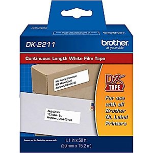Brother Genuine DK-2211 Continuous Length Black on White Film Tape for Brother QL Label Printers, 1.1" x 50' (29mm x 15.2M), 1 Roll per Box, DK2211, Pack of 4