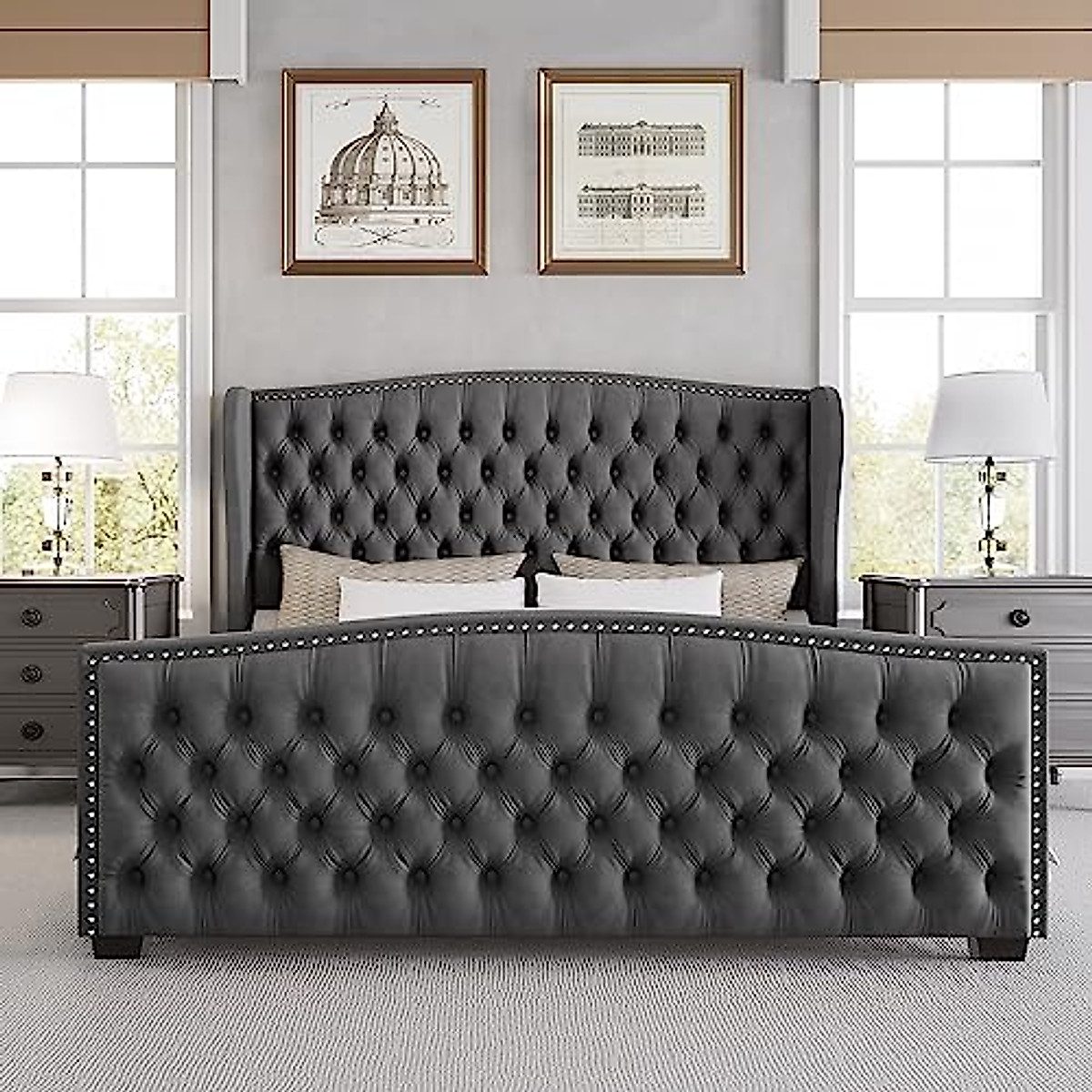 LUXOAK Queen Platform Bed Frame with Wingback Headboard, Velvet Upholstered Bed Frame with Handmade Button Tufted & Nailhead, Wooden Slats Support, Grey