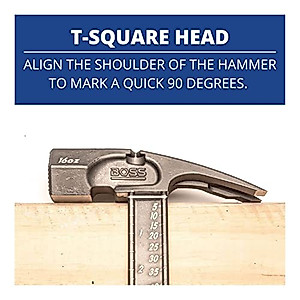 Boss Hammer Pro Series Titanium Hammer with Over-Molded No-Slip Rubber Grip - 16 oz, Construction Grade, Dual Side Nail Pullers, Milled Faced - BH16TIM