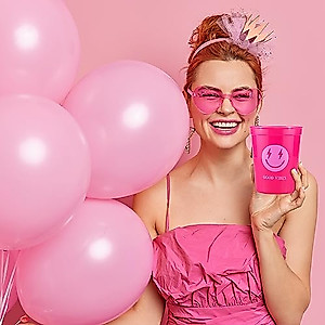 24 Pcs Preppy Party Plastic Cups 16oz pink Smile Face Drinking bar Cups bulk Reusable Plastic shatterproof Stadium Cups Personalized beer Mugs for Preppy Birthday friends parties Bachelorette Party