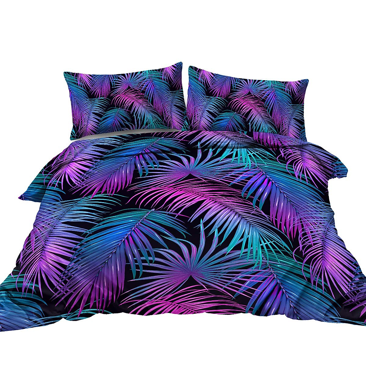 BlessLiving Palm Leaf Bedding Neonl Tropical Leaves on Black Duvet Cover Set 3 Piece Girly Modern Bedspreads Queen Size Pink Teal Purple and Blue