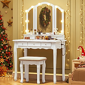 Tiptiper White Makeup Vanity with Lights & Charging Station, Vanity Desk with Mirror and 3 Colors of Lighting Effects, Vanity Table with Tri-Fold Mirror & Necklace Hooks, Makeup Table with Stool