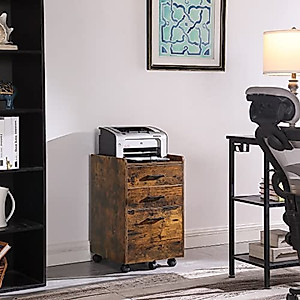 Kavonty File Cabinet, Mobile Office Cabinet with 2 Small Fabric Drawers and 1 Large Drawer,for A4, Letter Size, Hanging File Folders, Rustic Brown and Black