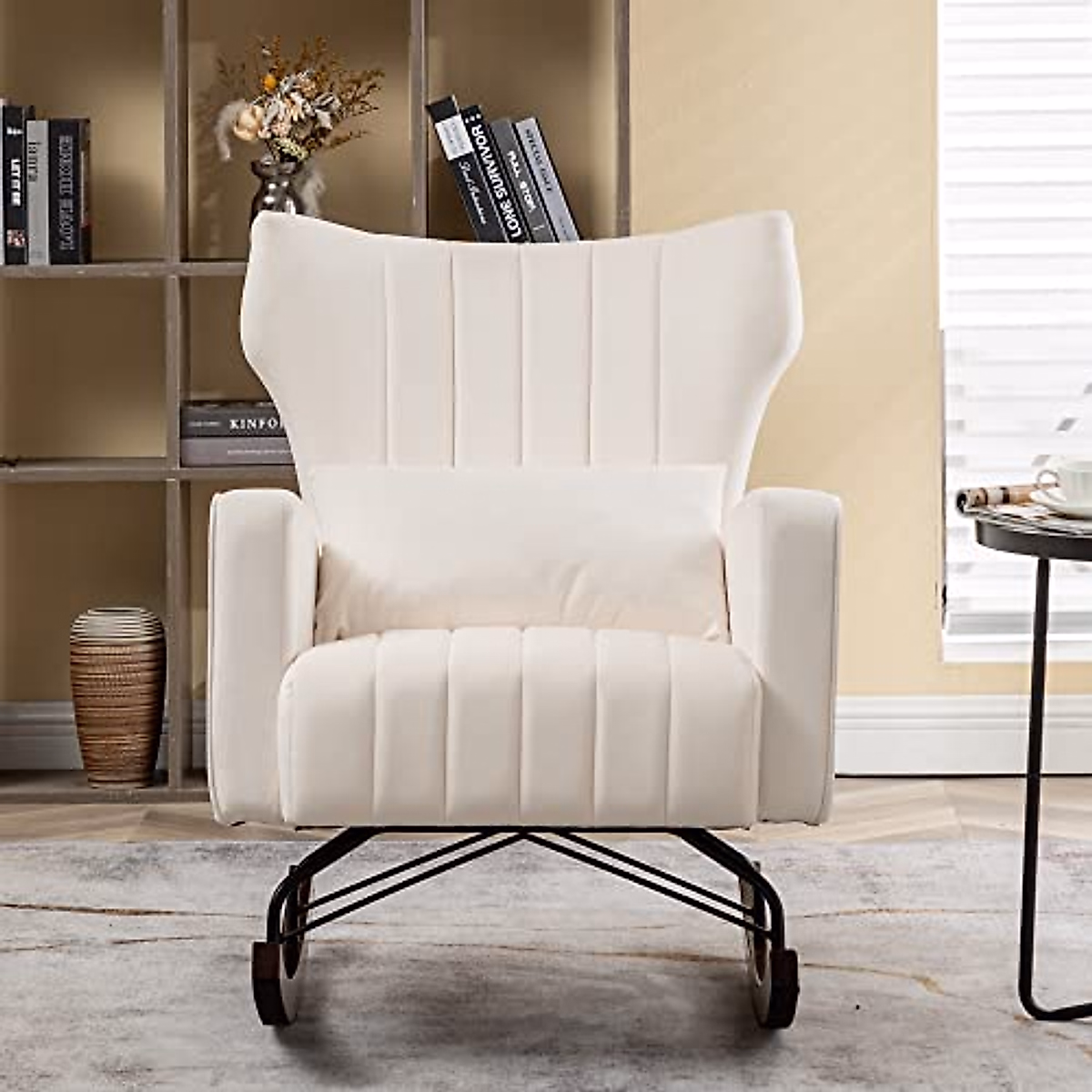 SZUBEE Modern Velvet Nursery, Accent Rocking Chair with with Solid Metal Legs, Upholstered Comfy Glider Rocker for Reading, Bedroom and Living Room,Beige