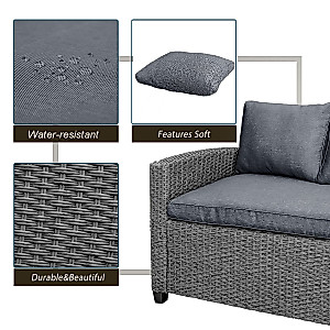 Goohome Patio Outdoor Furniture, L-Shaped All-Weather PE Rattan Wicker ConversationSet Sectional Sofa Set with Coffce Table and Comfort Cushions, for Backyard, Garden, Poolside, Deck, 1, A-Gray