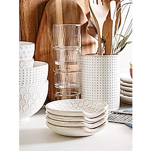 LE TAUCI Spoon Rest for Stove Top, Spoon Holder for Kitchen Counter, Embossment Housewarming Gift, Farmhouse Decor, Ceramic Accessories Utensil Rest - 4.8 inch, Set of 4, White