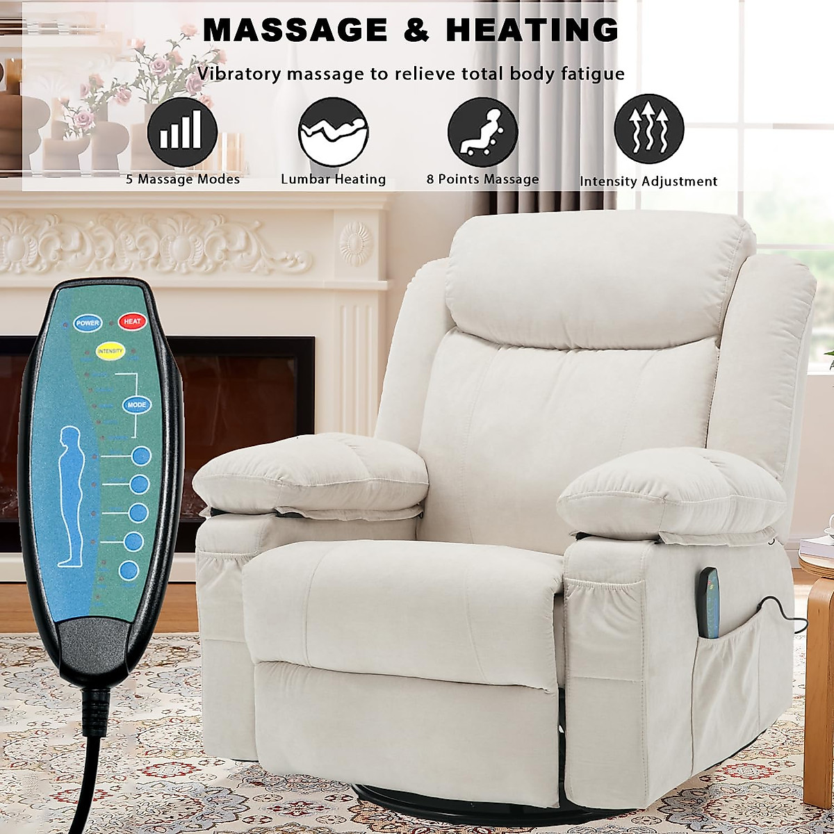 REFFICER Massage Recliner Chairs with Heat, Leather Reclining Chair with Cup Holders, Manual Oversized Rocker Recliner Single Sofa Couch, Overstuffed Theater Seating Recliner for Home Living