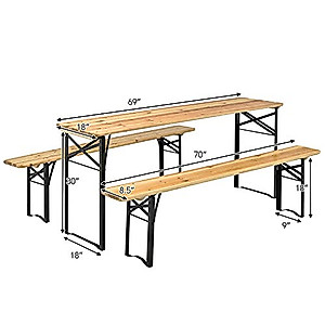 Giantex 70'' 3-Piece Portable Folding Picnic Beer Table with Seating Set Wooden Top Picnic Table for Patio Outdoor Activities Garden Use, 30'' Table Height