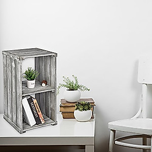 MyGift 2 Tier Rustic Dark Gray Wood Crate Design Storage Shelf Organizer Cubby, Small Bookcase Shelving Unit, Side Accent Table Nightstand with Shelves