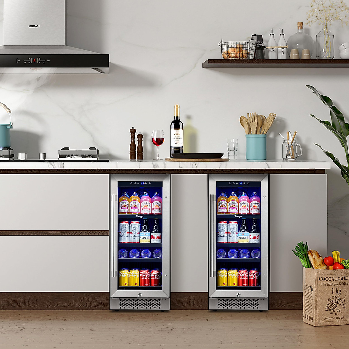 Yeego 30 inch Beverage Refrigerator, Two 15" Dual Zone Beverage Coolers Bundle Hold 160 Cans Beverage Fridge under Counter Beer Fridge for Drink Soda Wine Built-In or Freestanding