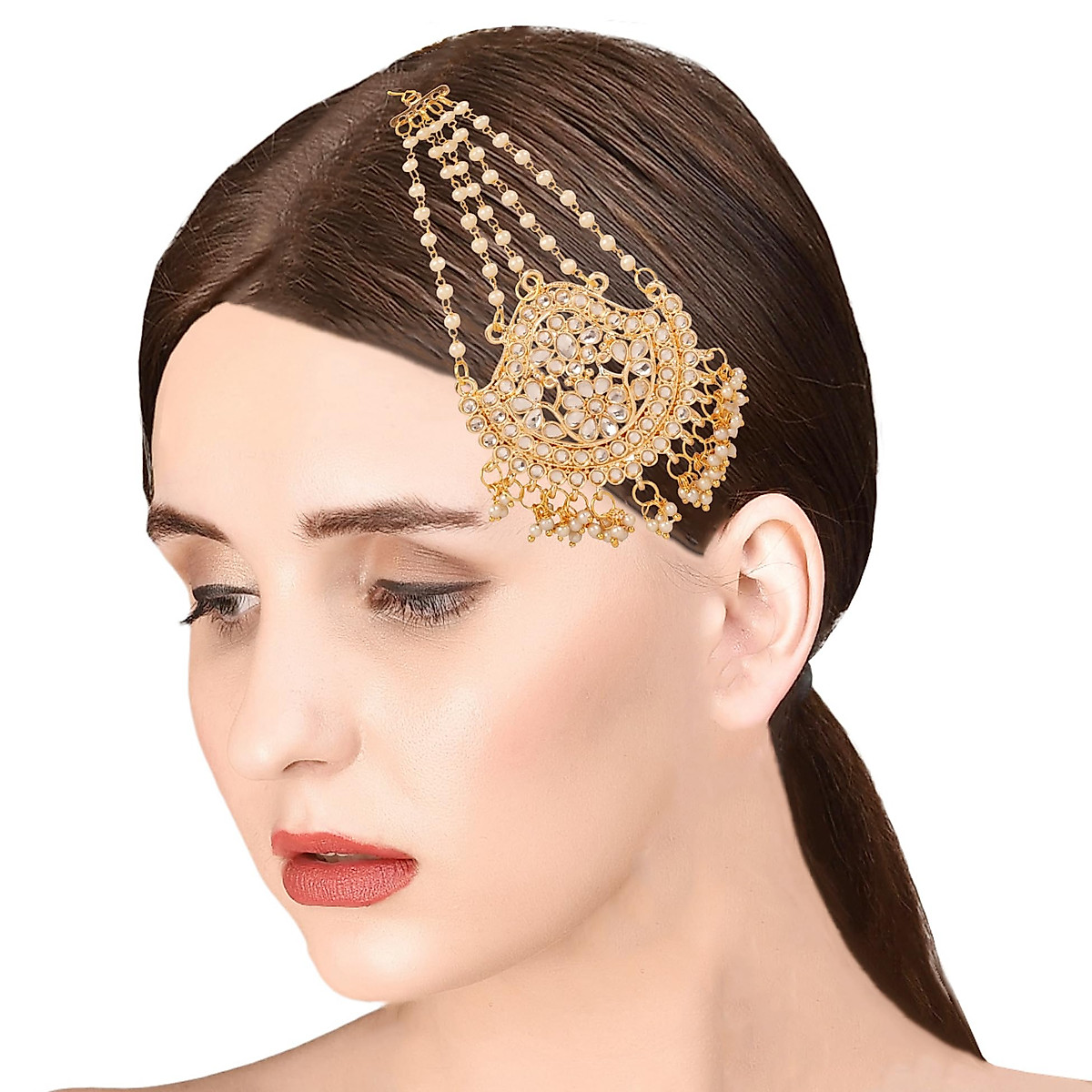 Touchstone Indian Bollywood Pretty Magical Floral Handcrafted Indian Mughal Kundan Look Faux Pearls Hangings Head Enhancing Bridal Designer Jewelry Jhoomer in Gold Tone for Women.