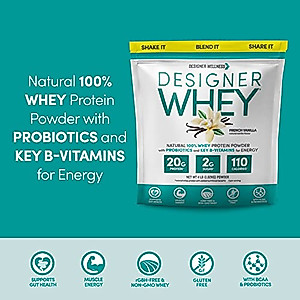 Designer Wellness, Designer Whey, Natural Protein Powder with Probiotics, Fiber, and Key B-Vitamins for Energy, Gluten-Free, French Vanilla, 2 lb