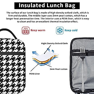 TGUBJGV Black and White Houndstooth Unisex Lunch Bag Tote Meal Bag Reusable Insulated Portable Lunch Box Handbags