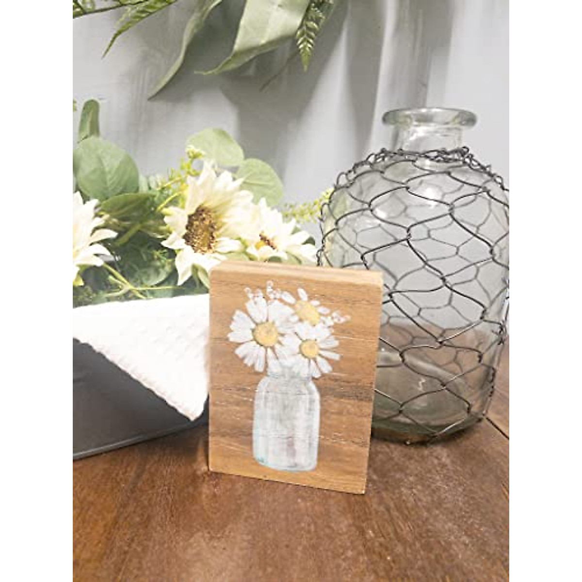 Inspirational Wood Grain Mini Block Sign, 4" (Daisies)