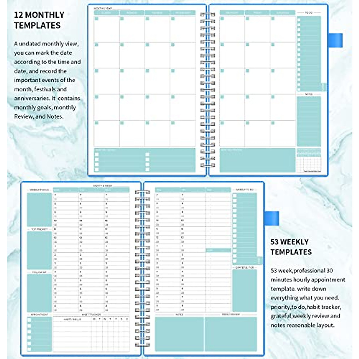 Weekly Schedule Planner Undated with Year Weekly Monthly, Regolden-Book Hourly Appointment Book Academic Planner, 53 Weeks,12 Month Journal Notebook Productivity with Twin-Wire Binding Flexible Cover