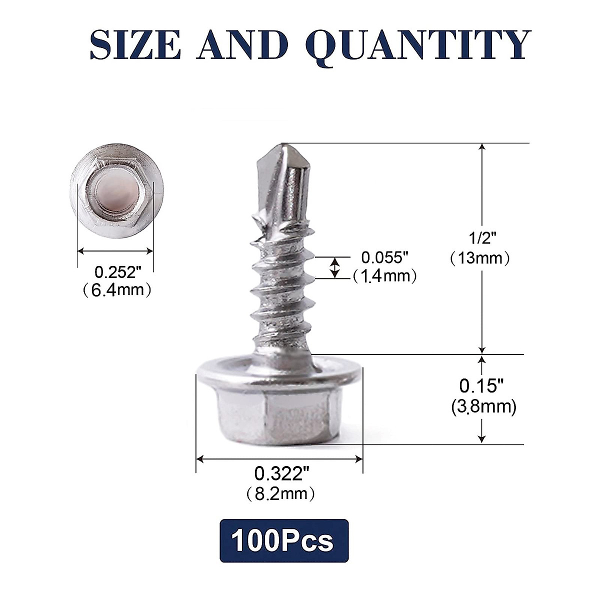 #8 x 1/2" Sheet Metal Screws 100PCS 410 Stainless Steel Hex Washer Head Fast Self Tapping Screws by SG TZH
