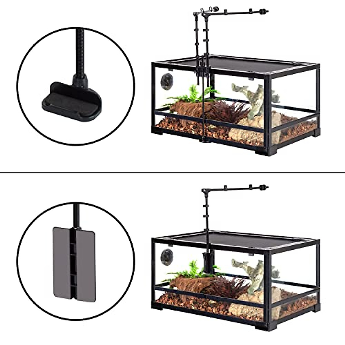 WACOOL Adjustable Terrarium Stand Pack of 2, 2 in 1 Reptile Light Stand for Dual Reptile Fixtures, Reptile Lamp Stand Height Adjustable 11.8IN to 23.6IN, Max. 4 Bulbs Supported