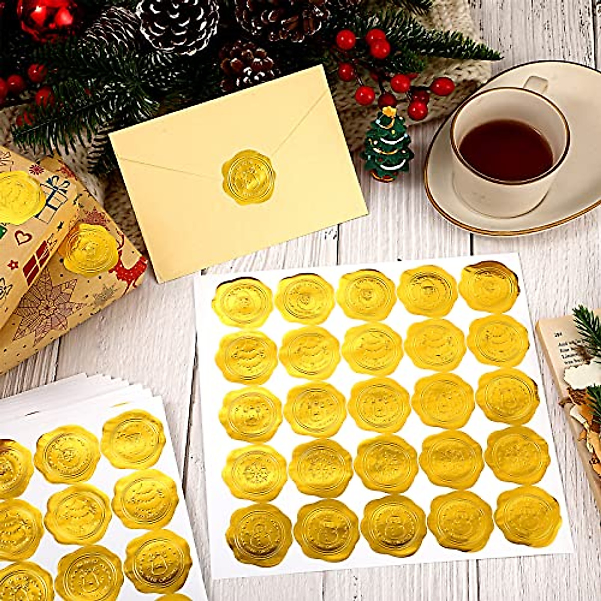 500 Pieces Christmas Envelope Seal Stickers Santa Embossed Wax Label Self Adhesive Seals Snowflake Santa Claus Stickers for Christmas Wedding Card Box Envelope(Gold)