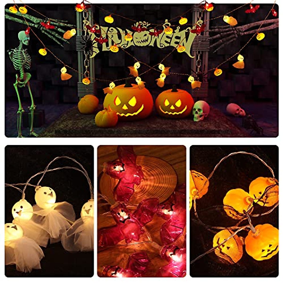 TOYMIS Halloween String Lights, 42.7ft 20 LEDs Halloween Decorative Lights USB-Powered Pumpkin Ghost Bat Lights for Gardens Yards Indoor and Outdoor Decorations(8 Modes)
