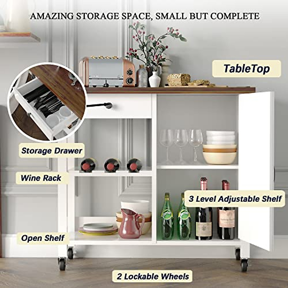 4 EVER WINNER Kitchen Island Cart on Wheel with Storage, 31" Farmhouse Island Table with Storage Drawer & Cabinet, Adjustable Shelf, Wine Rack,Rolling Small White Kitchen Coffee Cart for Dining Room