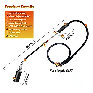 Powerful Propane Torch Weed Burner,High Output 700,000 BTU,Flamethrower with Turbo Trigger Push Button Igniter and 6.5 FT Hose,Flame Thrower Fire Gun for Burning Weeds,Ice Snow,Road Marking,Charcoal