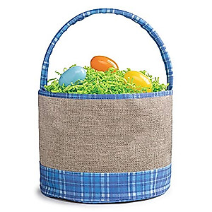 Personalized Easter Bucket Bag with Custom Name | Blue Plaid Burlap Easter Bag with Handle | Egg Basket for Kids | Customized Easter Basket | Great for Book and Toy Storage