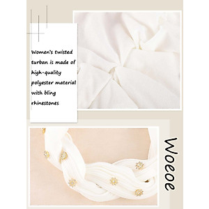 Woeoe Women African Turban Pre-Tied Twisted Beanie Cap Headwear Rhinestone Soft Stretchy Head Turbans (White)
