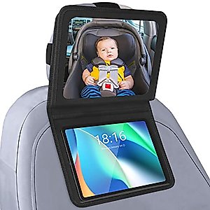 Baby Car Mirror with Touchable Tablet Holder, Adjustable Backseat Mirror for Rear Facing Infant Newborn with Wide and Bright View, Fully Assembled, Stable and Shatterproof for Toddler, Kids