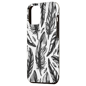 iPhone 13 Pro Max Great Sketched Black And White Bird Feather Pattern Case