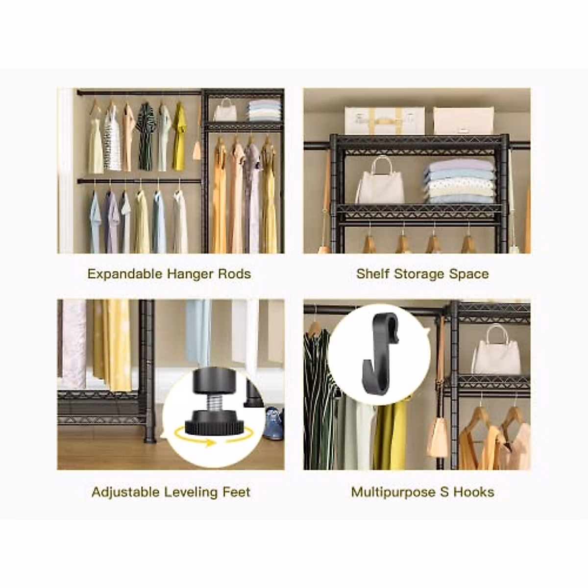 Ulif M3 Clothes Rack Closet Organizer and Storage System 3 Tiers Built-in Wall Mounted Heavy Duty Garment Rack with 4 Expandable Hanger Rods, Fits Space 4.3-9.3 ft, 72.2"H, Load Capacity 710LBS, Black