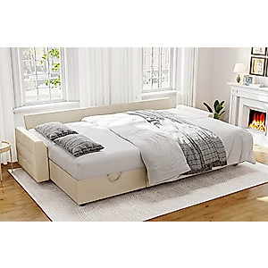 VanAcc Pull Out Convertible Sofa Bed with Storage Chaise, Tufted Sleeper Sectional Couch for Living Room (Beige)