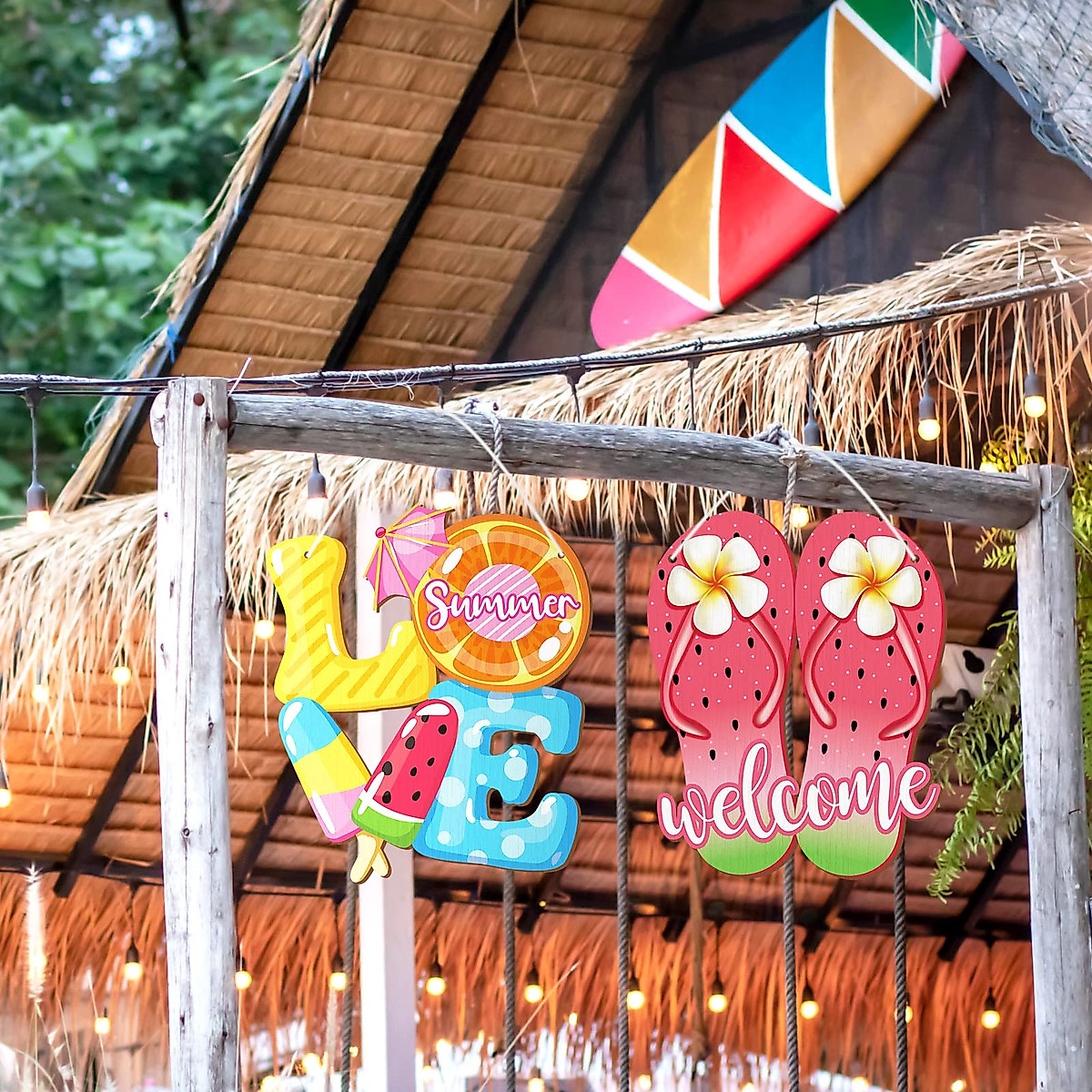 2 Pieces Ice Cream Sandbeach Hanging Sign Happy Summer Wood Sign Sweet Summer Wood Ornaments Summer Welcome Sign Door Wood Hanging Sign for Summer Holiday Party Home Door Wall Window Decor (Sandbeach)