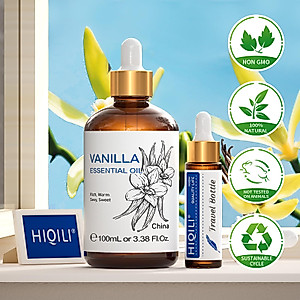 HIQILI Vanilla Essential Oil, Undiluted Natural Strong Fragrance Add in Skin Perfume, Unscented Lotion, Candle Soap Making Scent, Relax at Home with Diffuse Warm Sweet Aroma-100ML