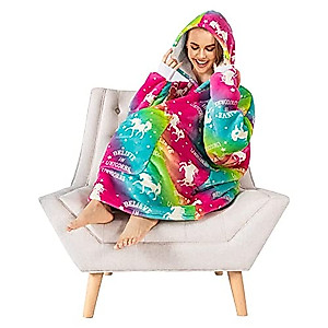 Queenshin Rainbow Unicorn Oversized Hoodie Wearable Blanket for Womens Teens Girls, Kawaii Adults Comfy Sherpa Hoody Sweatshirt with Pockets, One Size for All