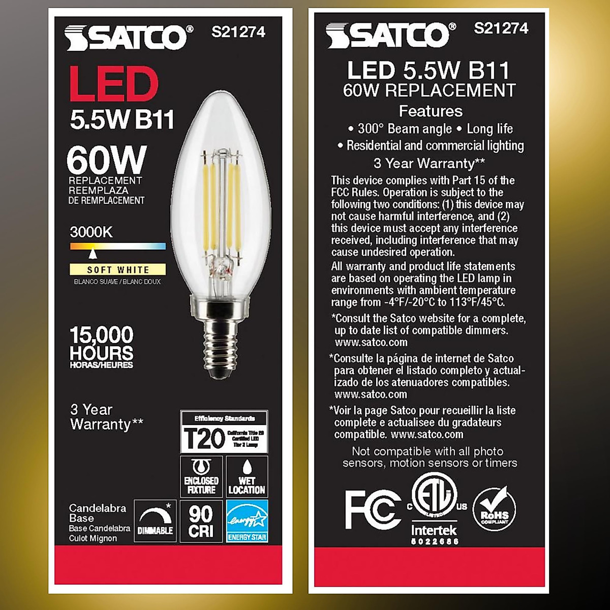Satco S21274 5.5 Watt B11 LED Bulb - 3000K - 120 Volt (2 Pack)
