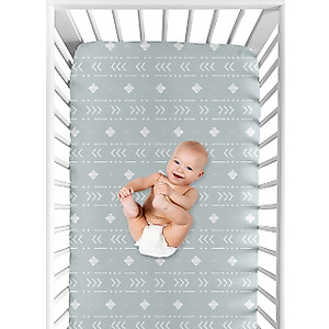 Sweet Jojo Designs Slate Blue Boho Tribal Mudcloth Boy or Girl Fitted Crib Sheet Baby or Toddler Bed Nursery - White Woodland Bohemian Southwest Geometric Arrow Gender Neutral Aztec Mud Cloth